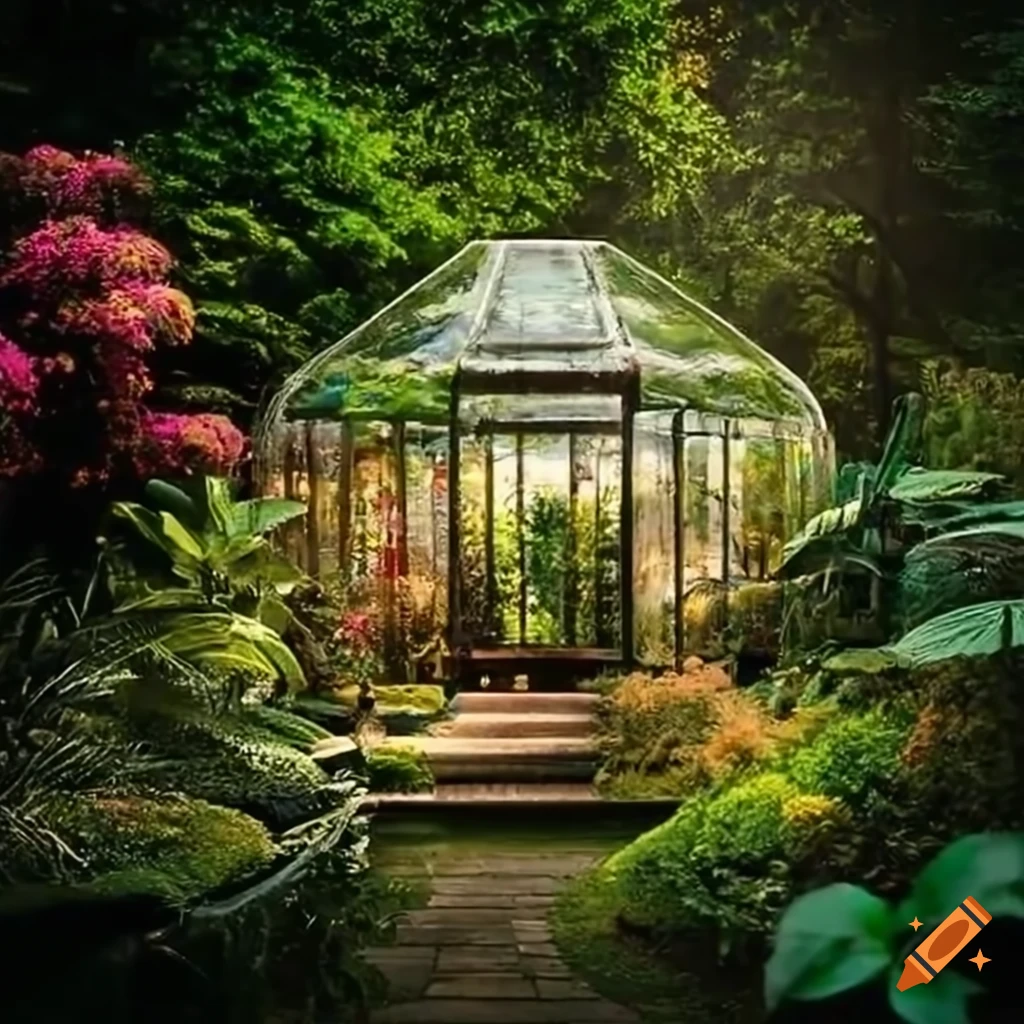 Enchanting garden glasshouse with exotic blossoms and butterflies on ...