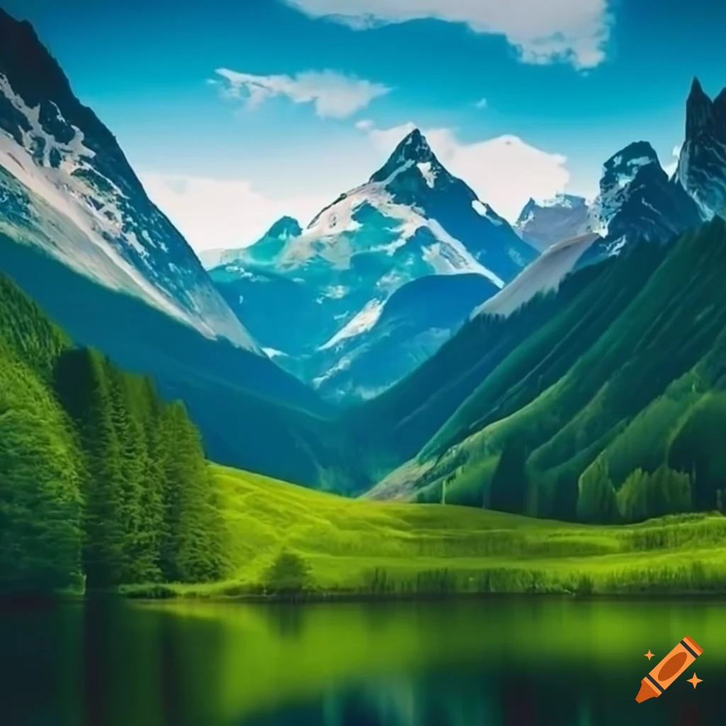 Stunning mountain landscape with snowy peaks and lush greenery on Craiyon