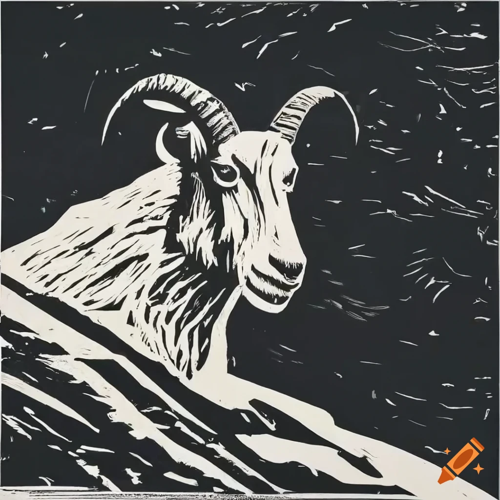 Resilient mountain goat on a steep cliff during a snow storm in linocut ...