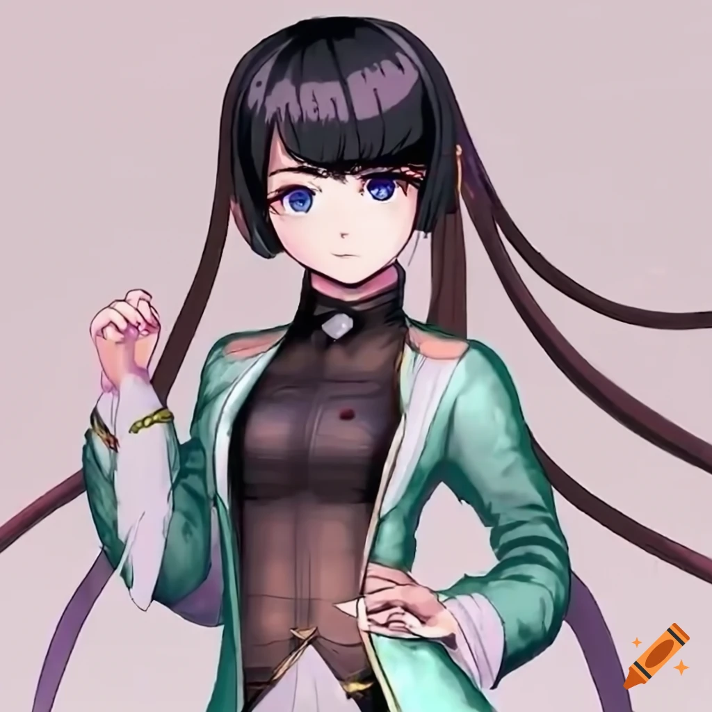 Illustration of a character with black hair in a ponytail and a gray ...
