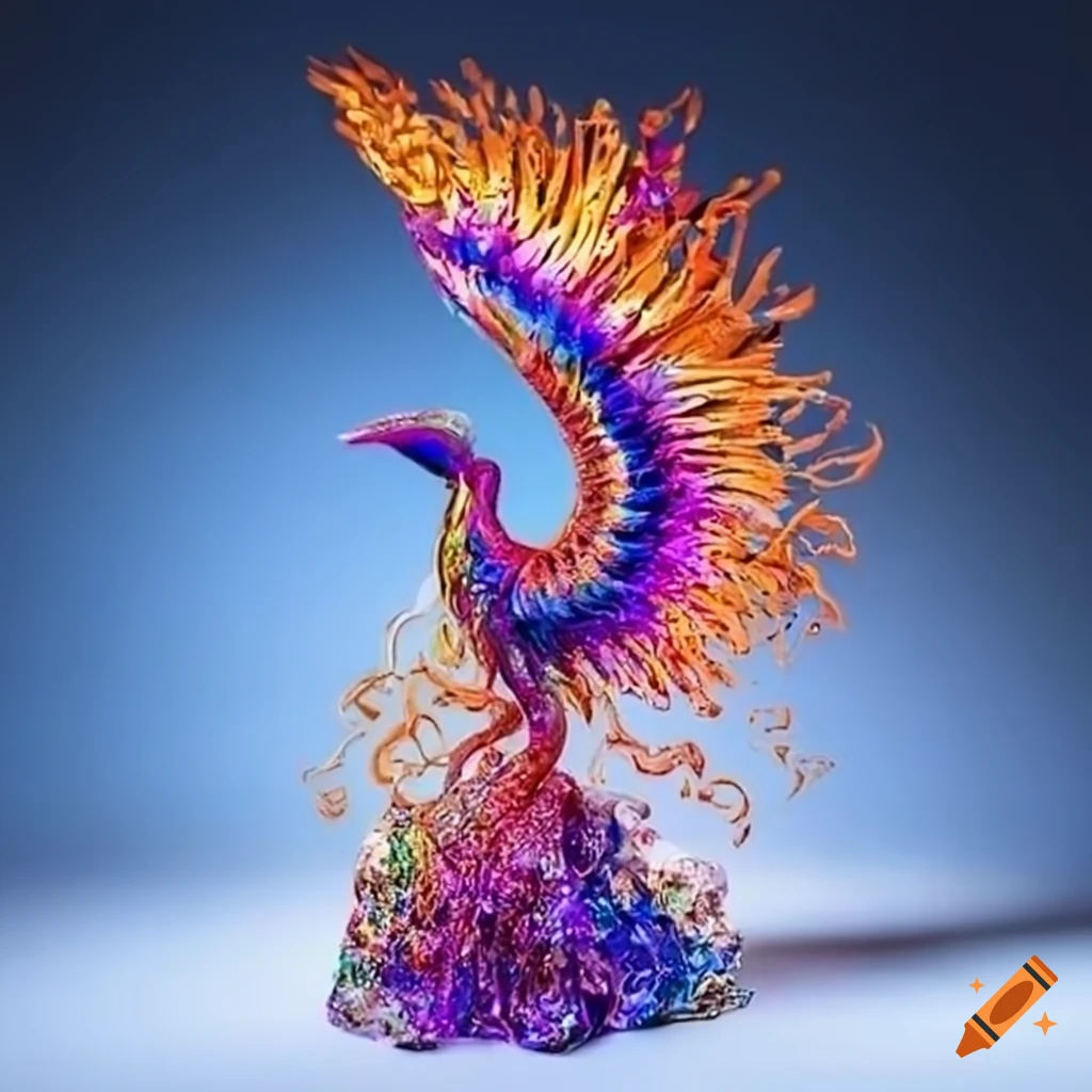 Colorful phoenix sculpture made of sparkling crystals on Craiyon