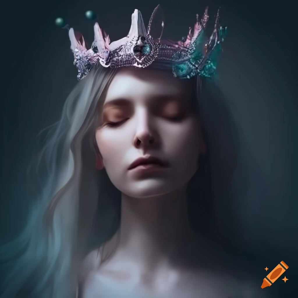 Ethereal female with closed eyes and crown surrounded by shadows on Craiyon