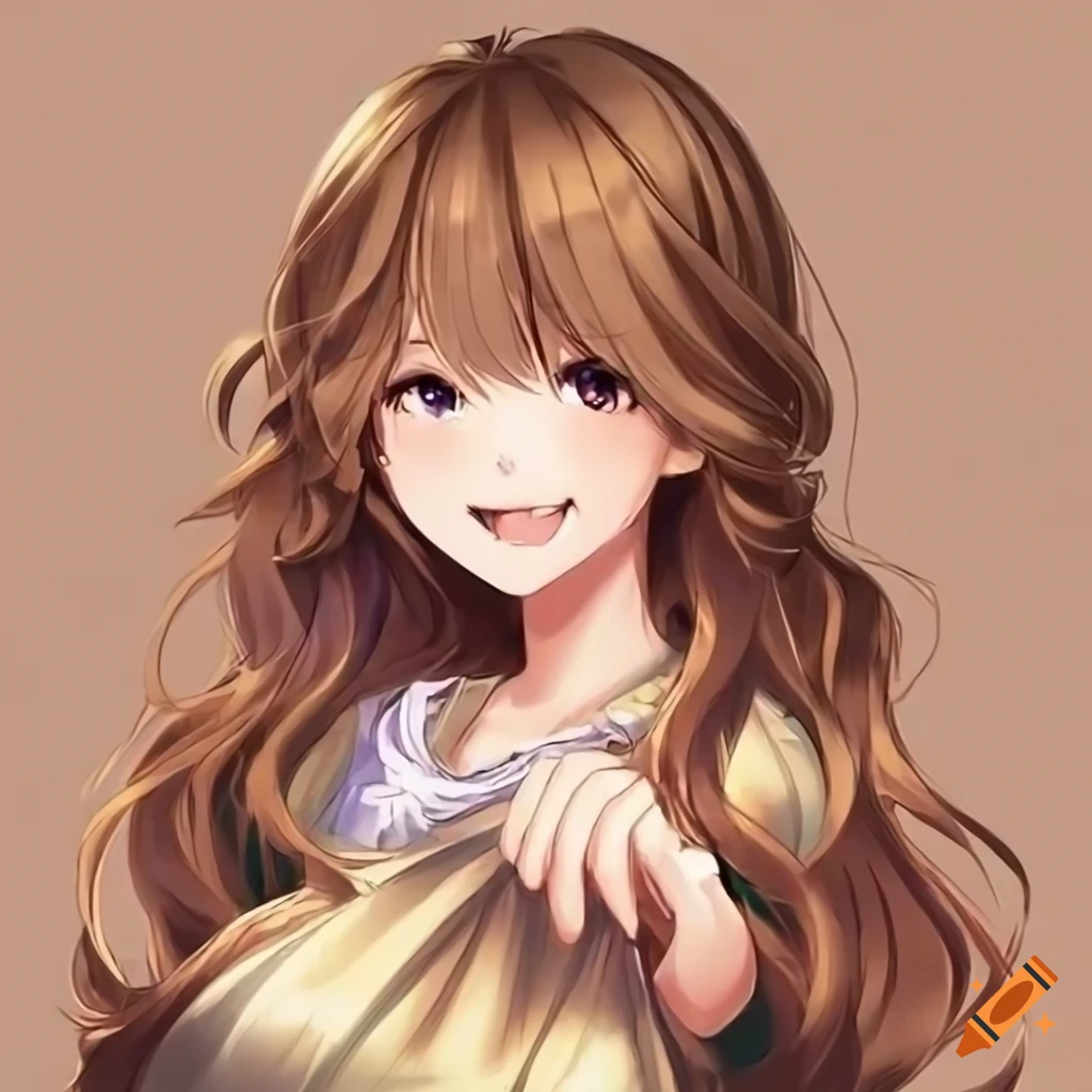 Anime girl with wavy brown hair and hazel eyes smiling on Craiyon
