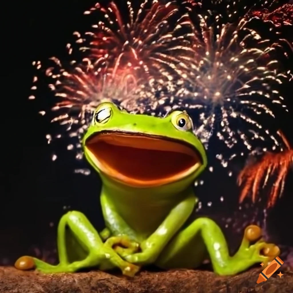 Frog celebrating Wednesday with flags and fireworks on Craiyon