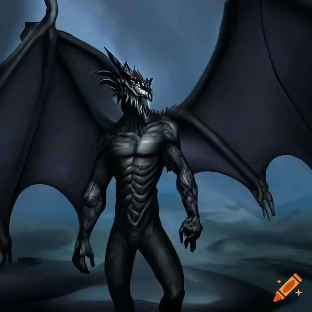 Male humanoid with dragon features and black horns and wings on Craiyon