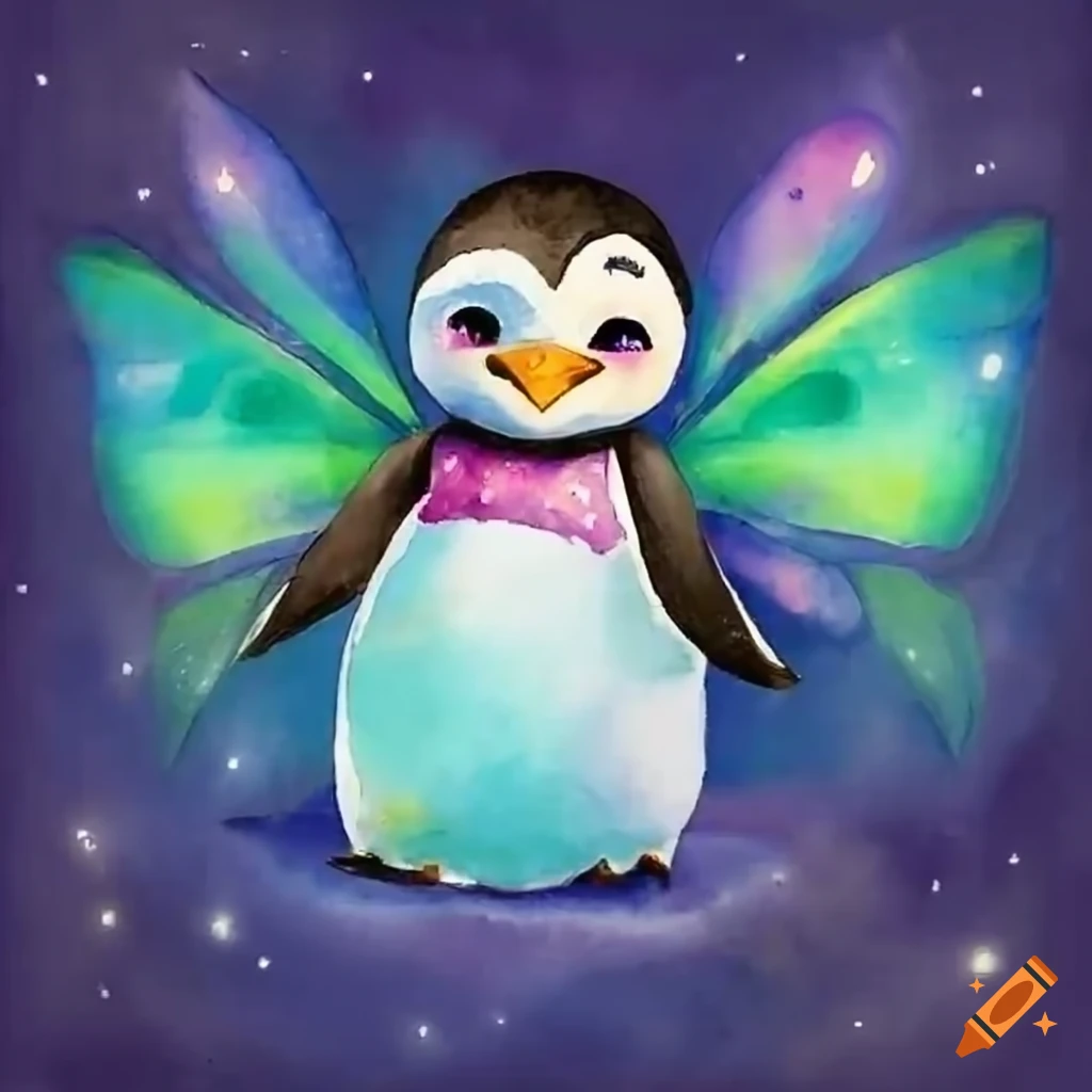 Storybook fairy penguin with wings flying by northern lights on Craiyon