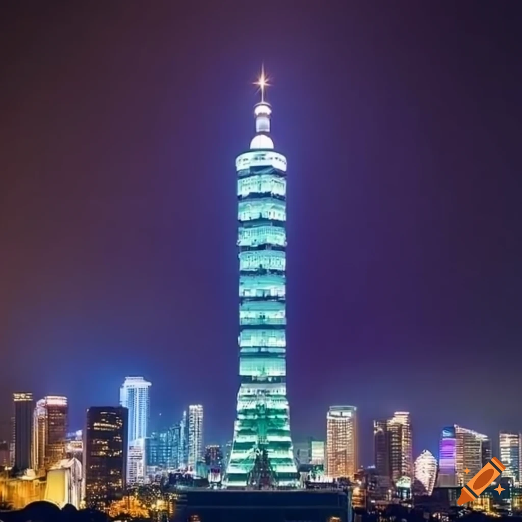 View of illuminated taipei 101 building from a city rooftop on Craiyon