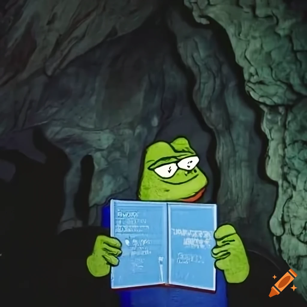 Pepe the meme coin with a blue book in a cave with BOBA writings on ...