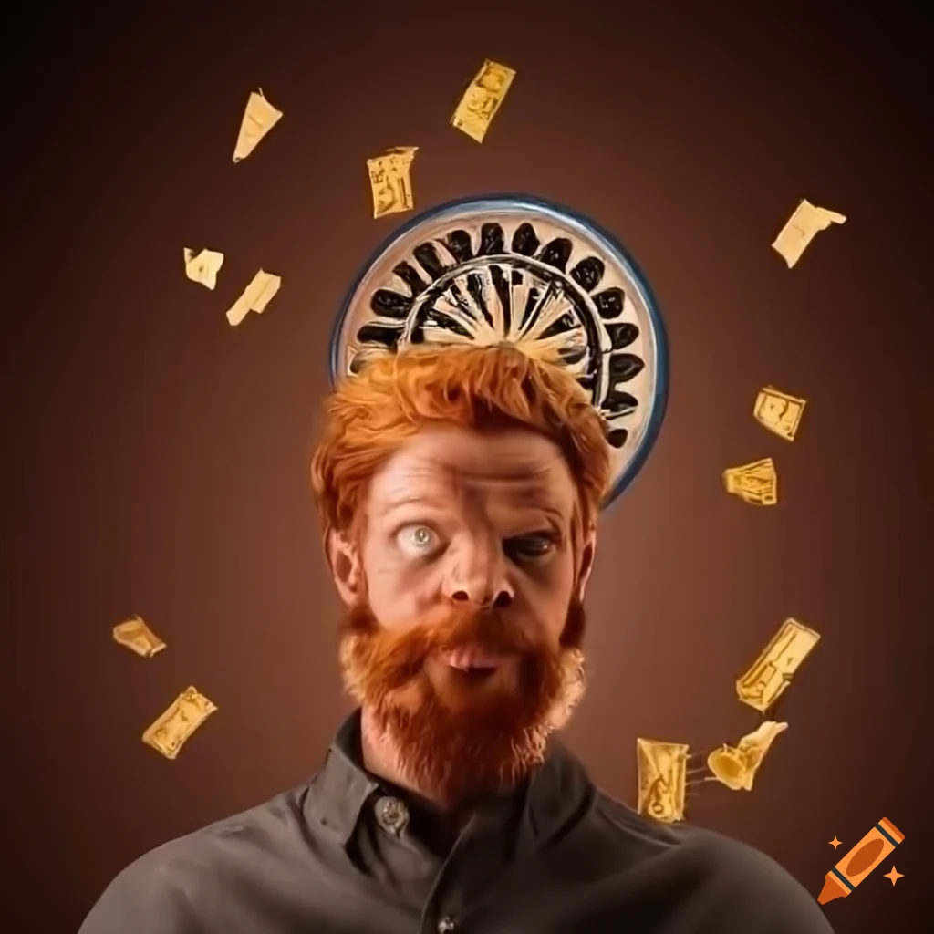 Ginger man with a beard and wheel of fortune with money falling on Craiyon