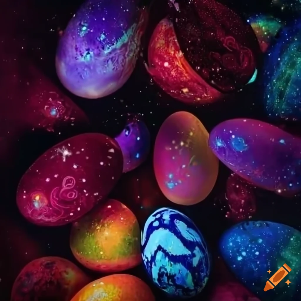 Easter eggs floating among galaxy stars in a psychedelic space scene on ...