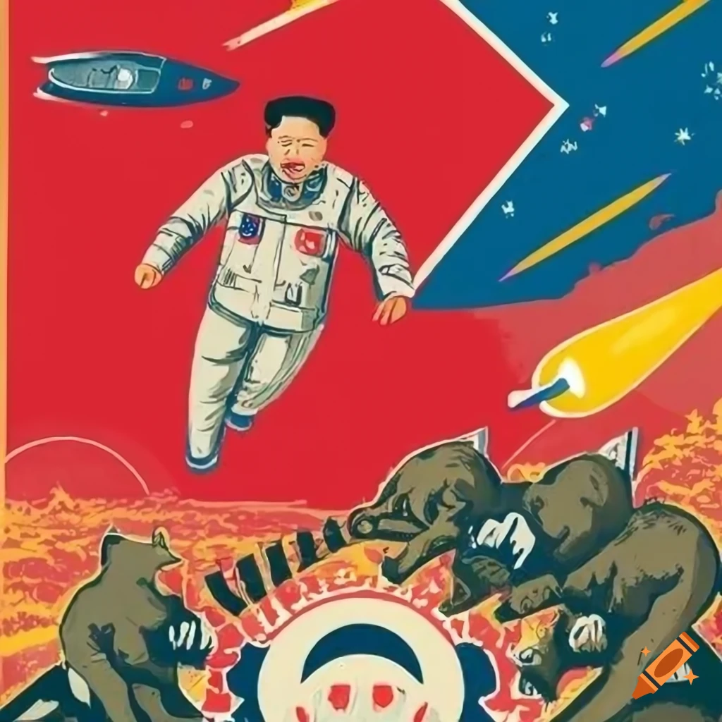 Kim jong-un as a cosmonaut surrounded by pigs and rockets in soviet ...