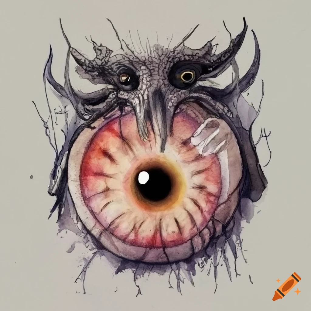 Surreal raptor eyeball with teeth in a macabre watercolor wash and ink ...