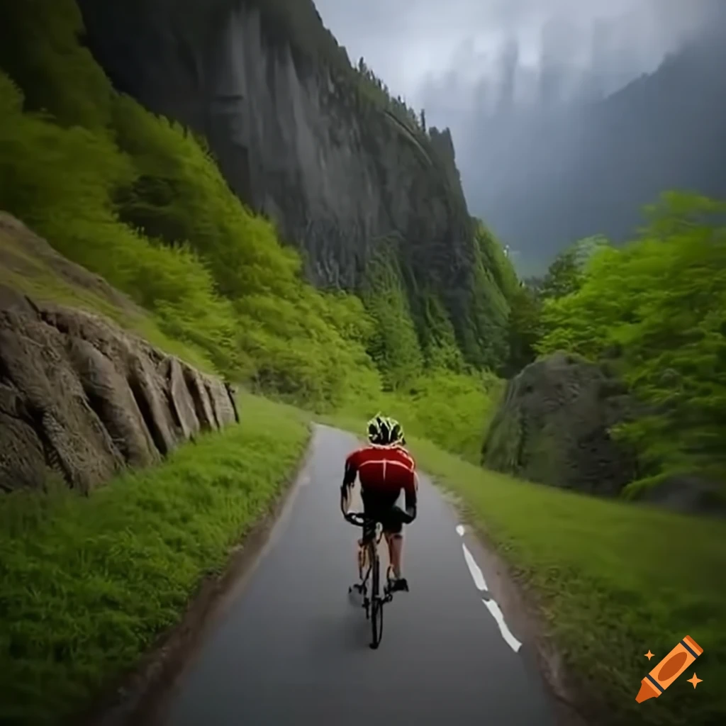 Animated character cycling on a peak surrounded by nature on Craiyon