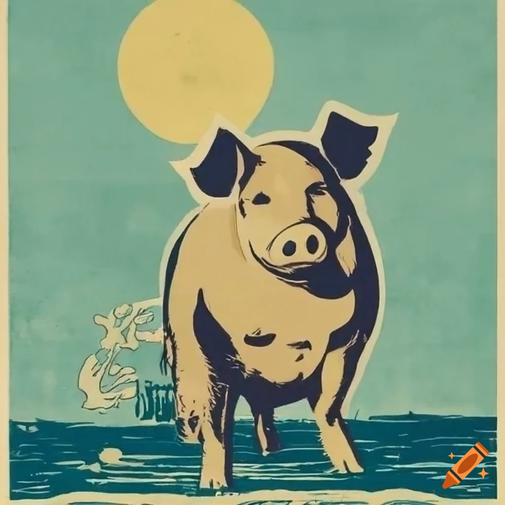 Vintage Soviet-style scientific advancement poster scene with a pig on ...