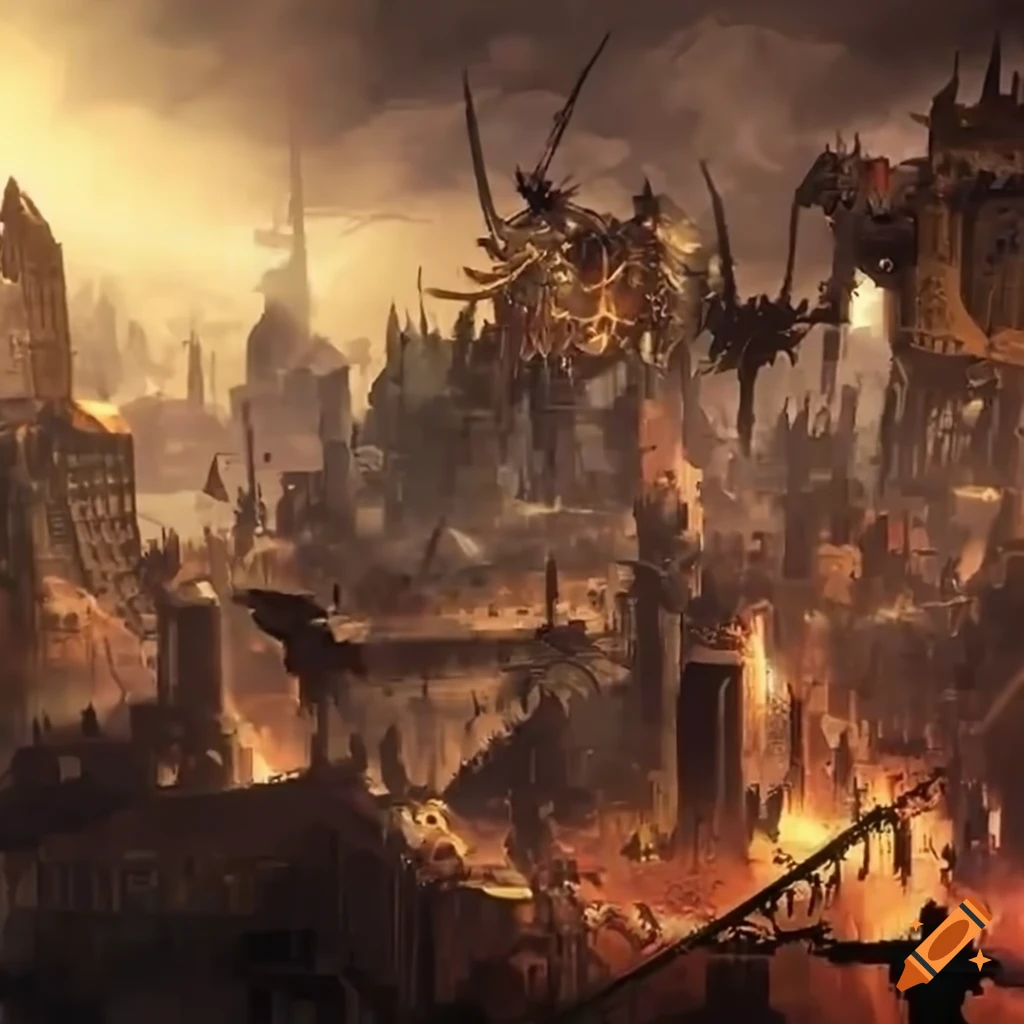 Warhammer 40k city battle scene on Craiyon