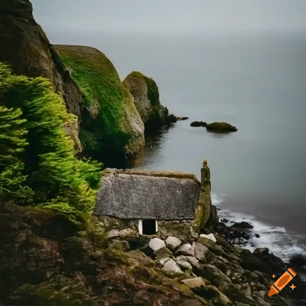 Primitive stone cottage on rocky ocean shore with green trees under ...