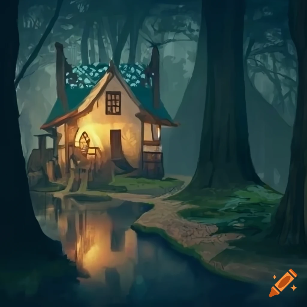 Medieval forest with illuminated house on Craiyon