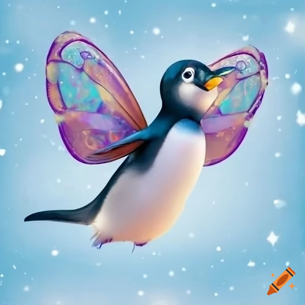 Fairy penguin with fairy wings flying in the snow on Craiyon