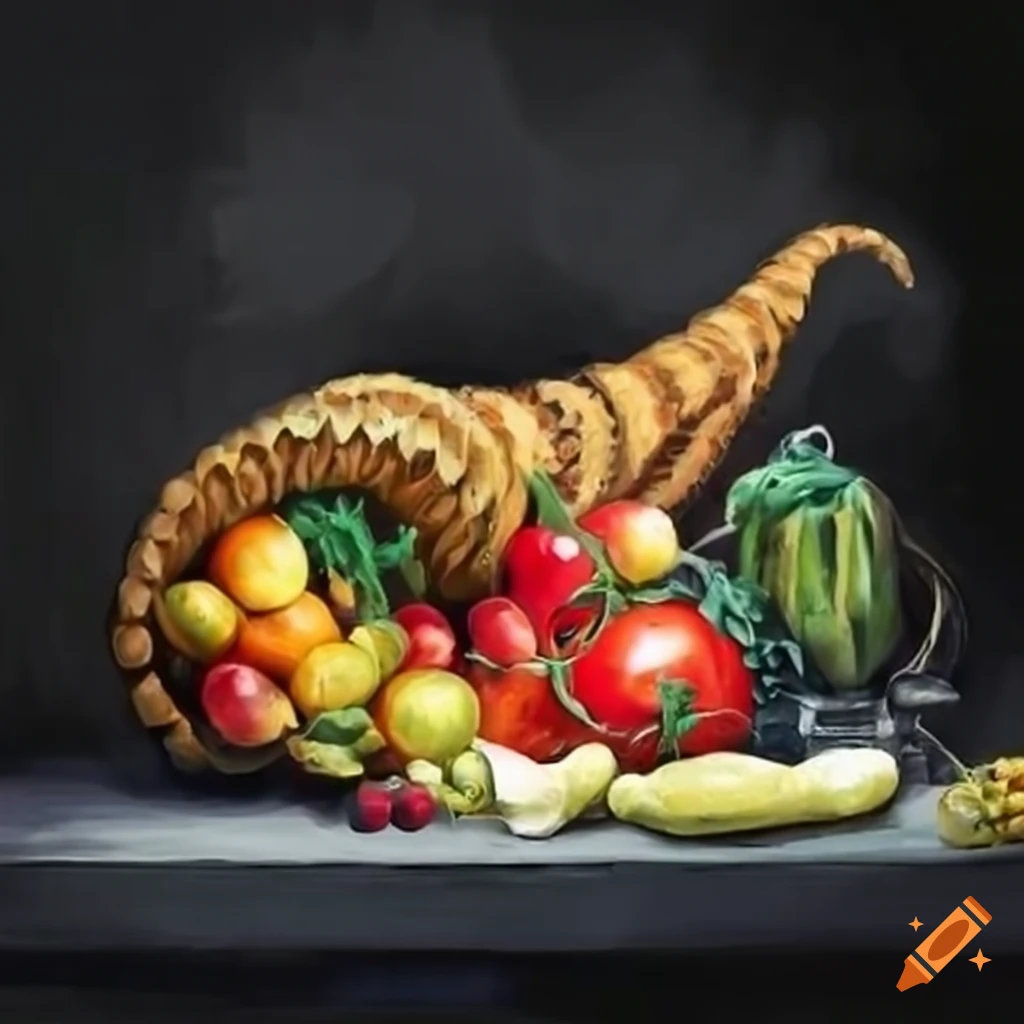Cornucopia filled with fresh colorful fruits and vegetables on Craiyon