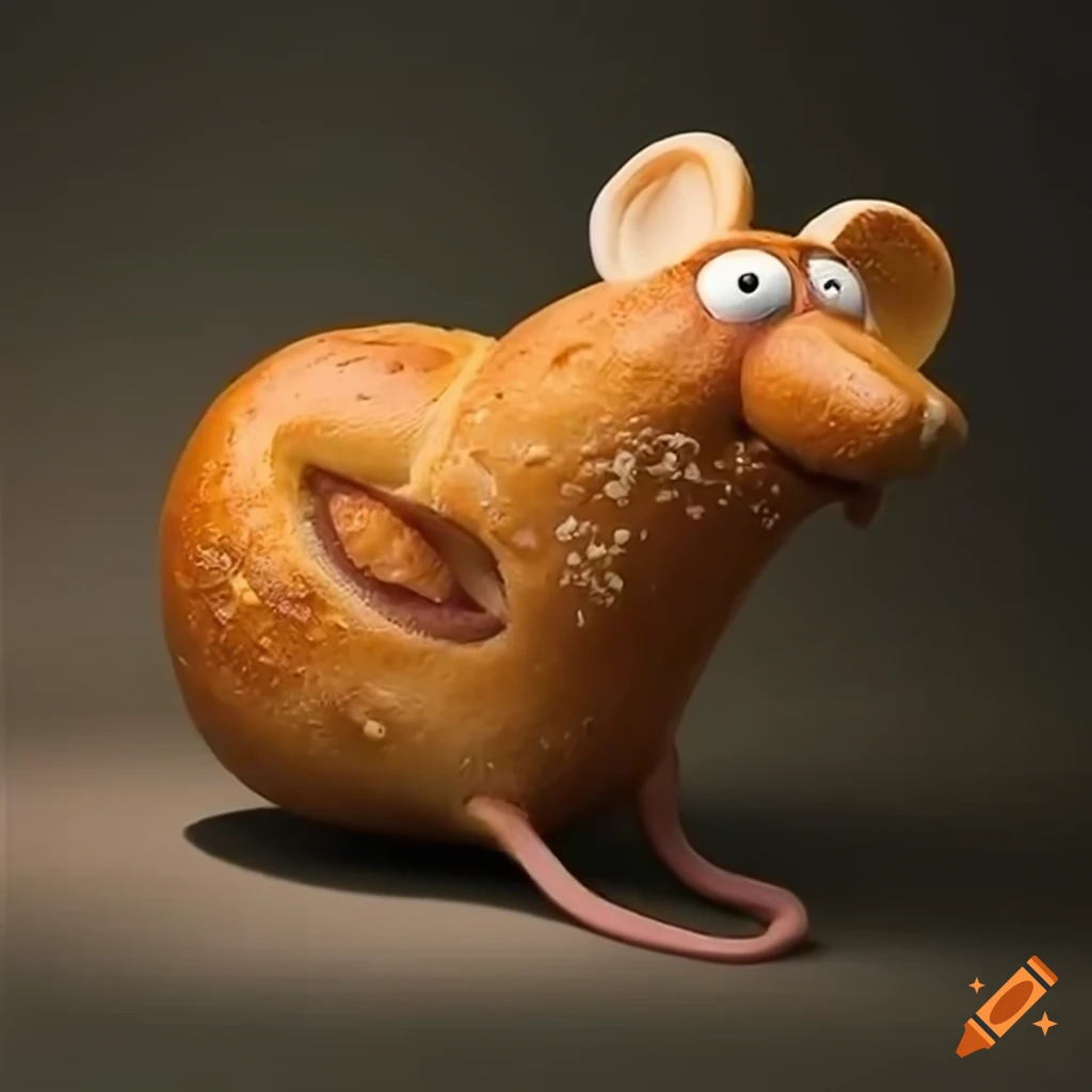 Scared cartoon mouse-shaped bread roll in oil painting on Craiyon