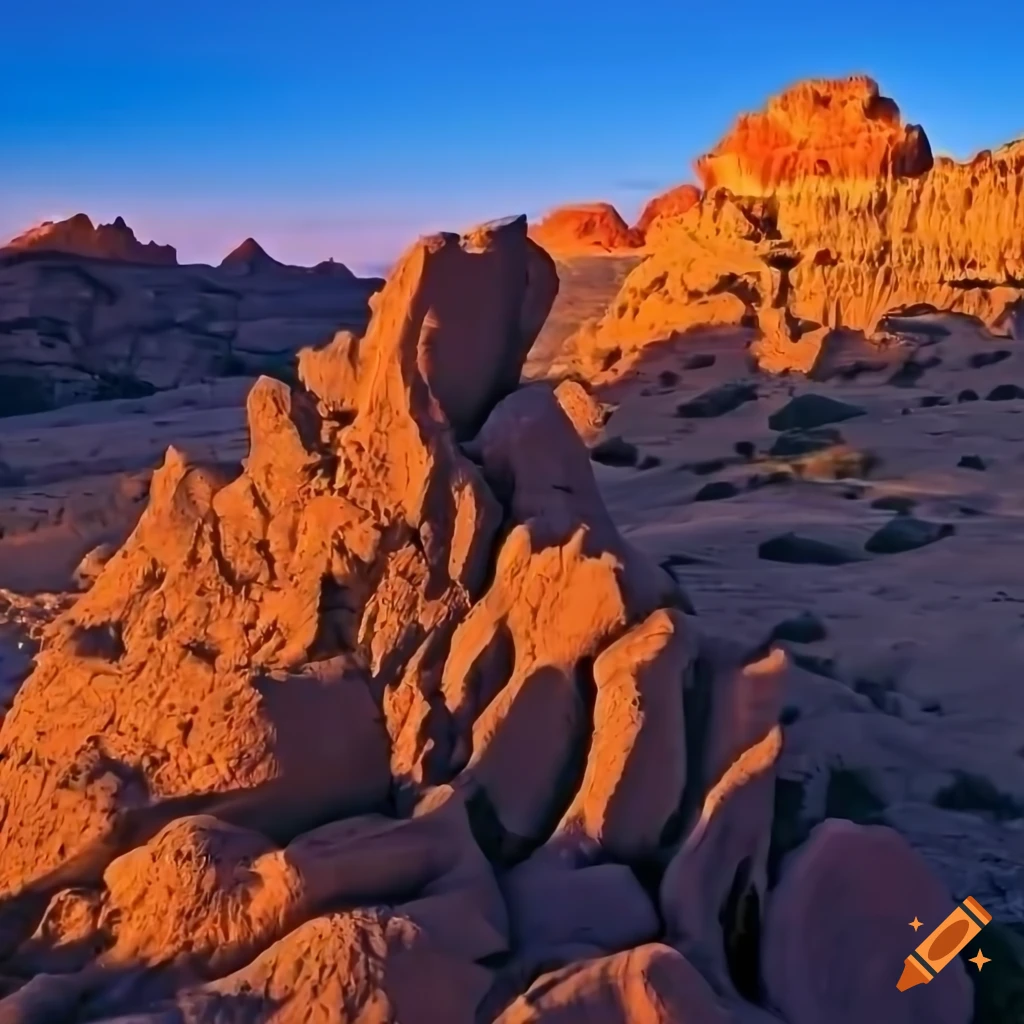 Dryland mountains with spiky rocks during evening in high resolution on ...