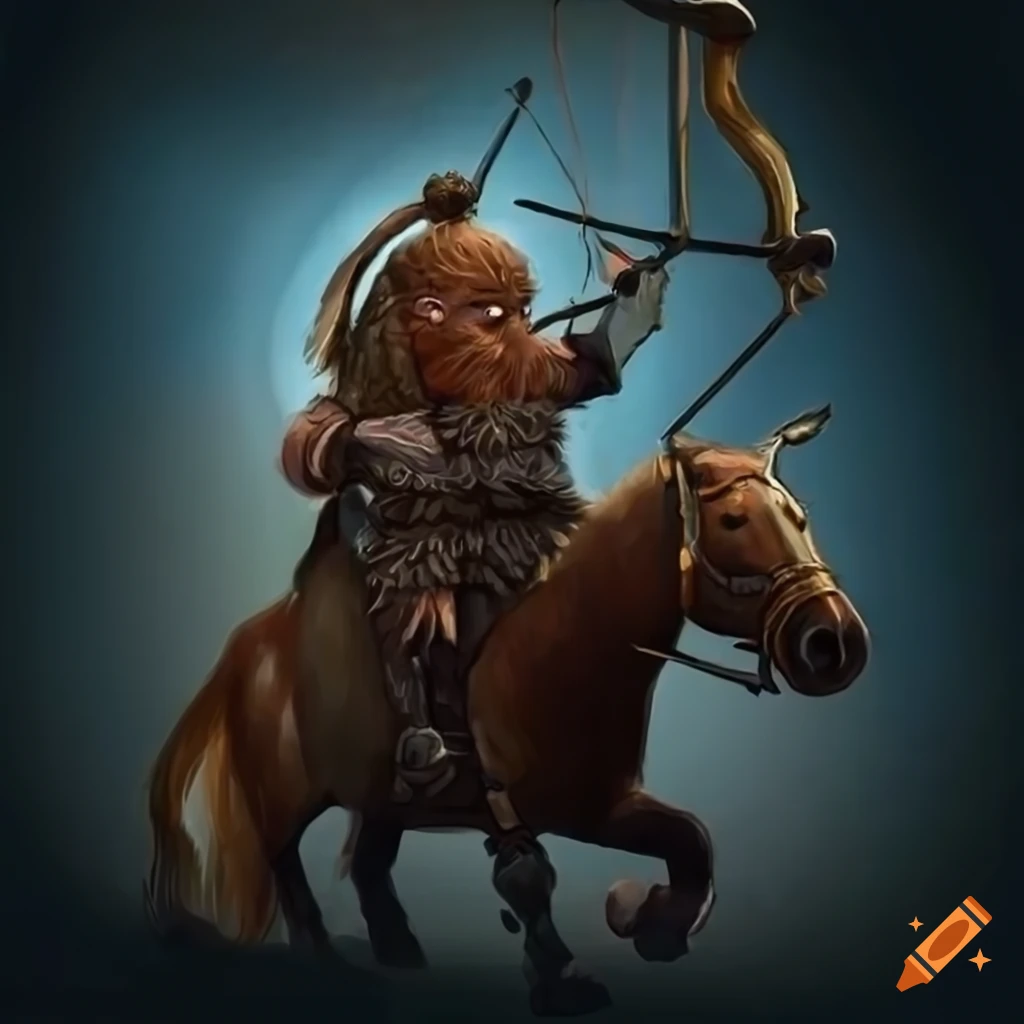 Bearded dwarf on horseback with archery gear in a fantasy setting on ...