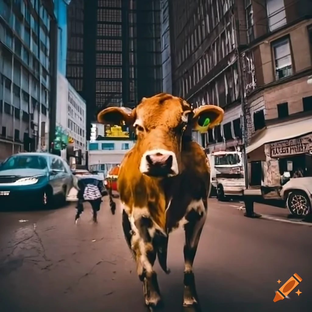 Frightened cow in a city traffic setting on Craiyon