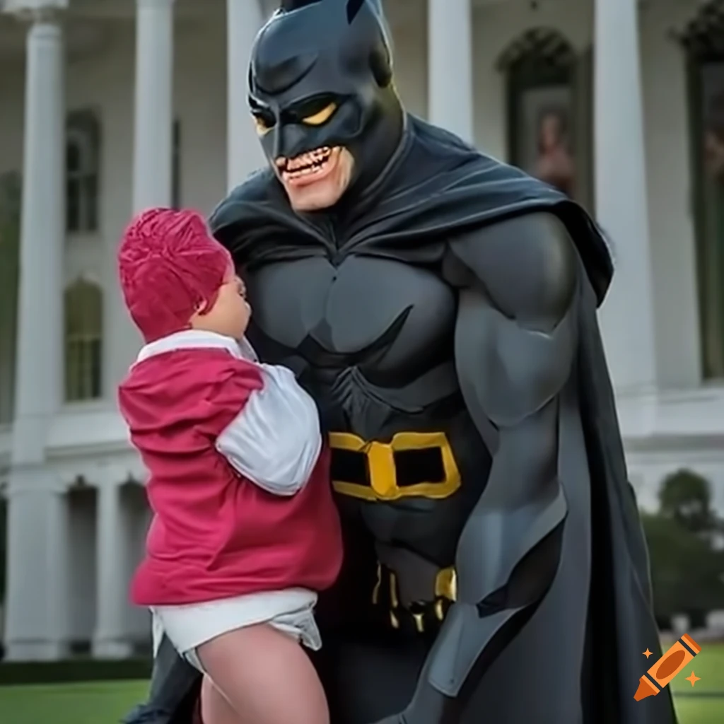 Muscular Batman scowling at a baby in front of a building on Craiyon