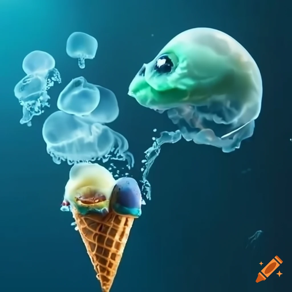 Alien enjoying ice cream with jellyfish underwater on Craiyon