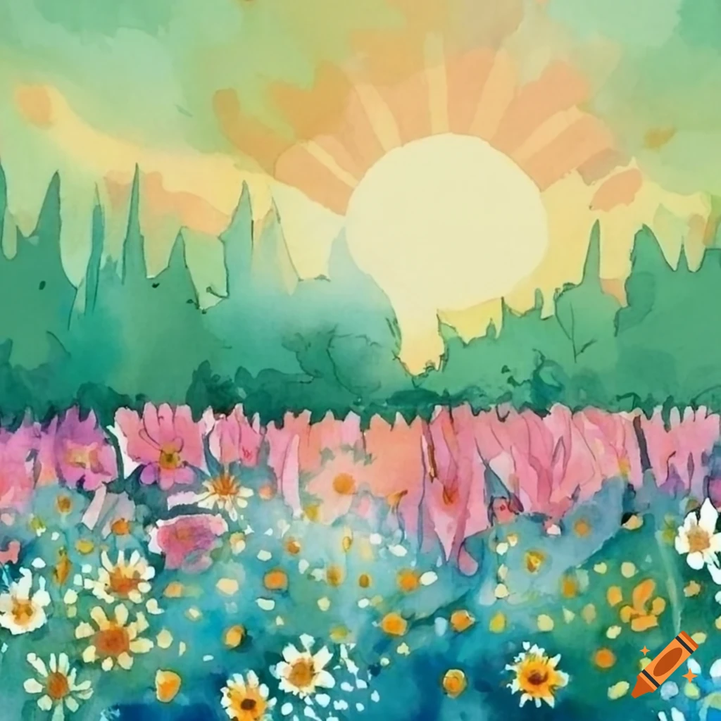 Watercolor painting of a spring flower field with sunny background on ...