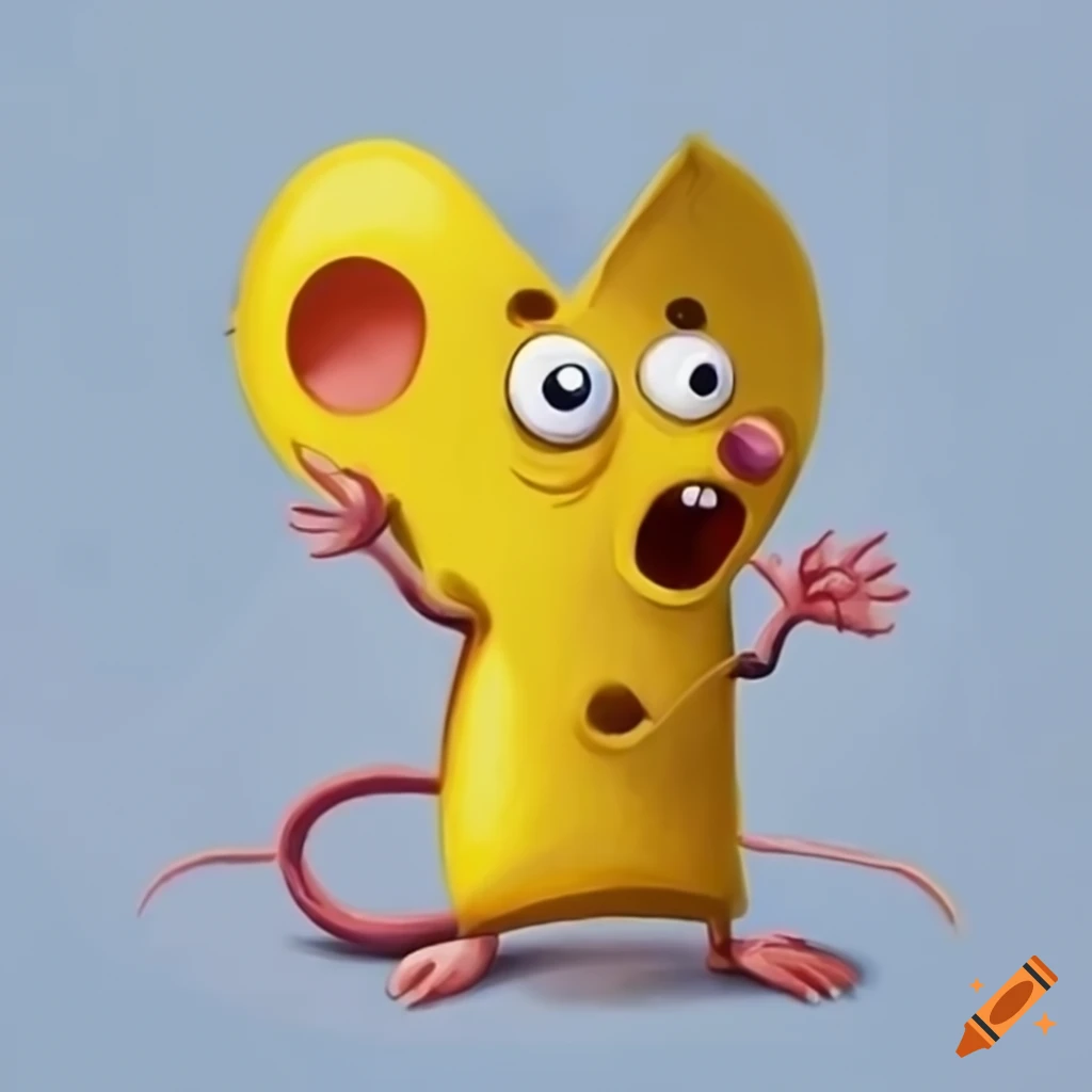 Scared cartoon mouse made of yellow cheese in an oil painting on Craiyon
