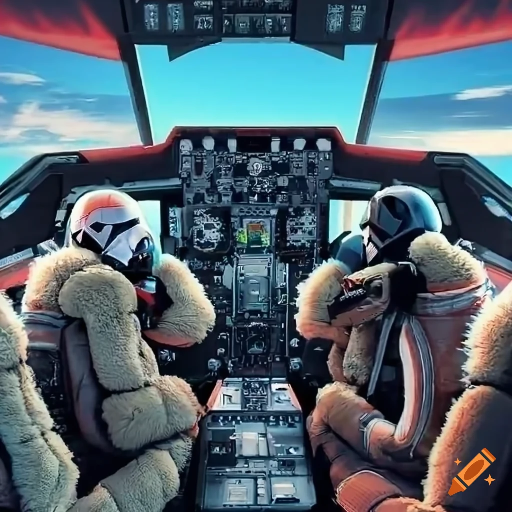 Star wars tie fighter pilots in fluffy sherpa-lined bomber jackets in cockpit on Craiyon