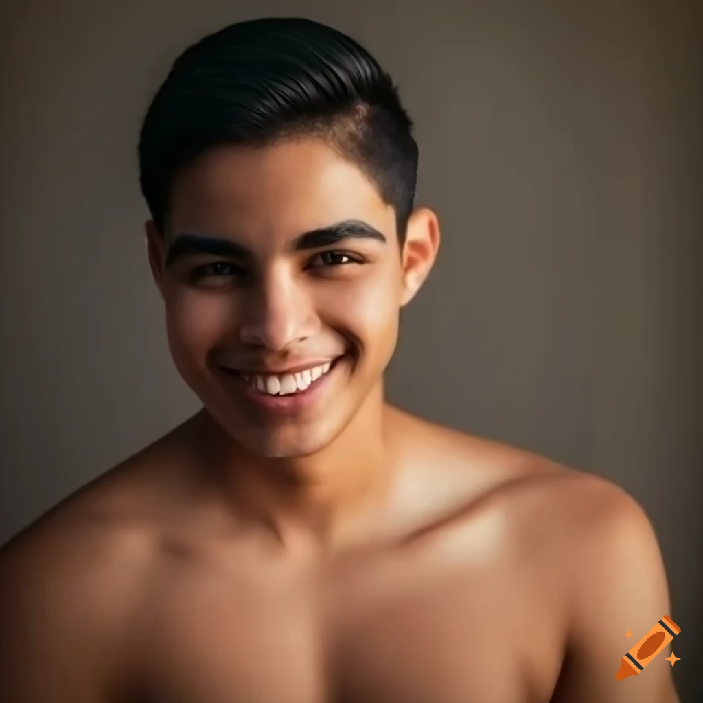 Sensual Hispanic young man with a toned build and alluring smile on Craiyon