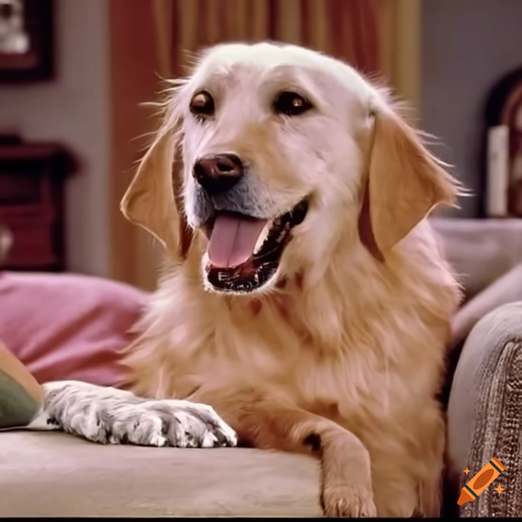 Smiling retriever dog in a 1980s sitcom living room on Craiyon