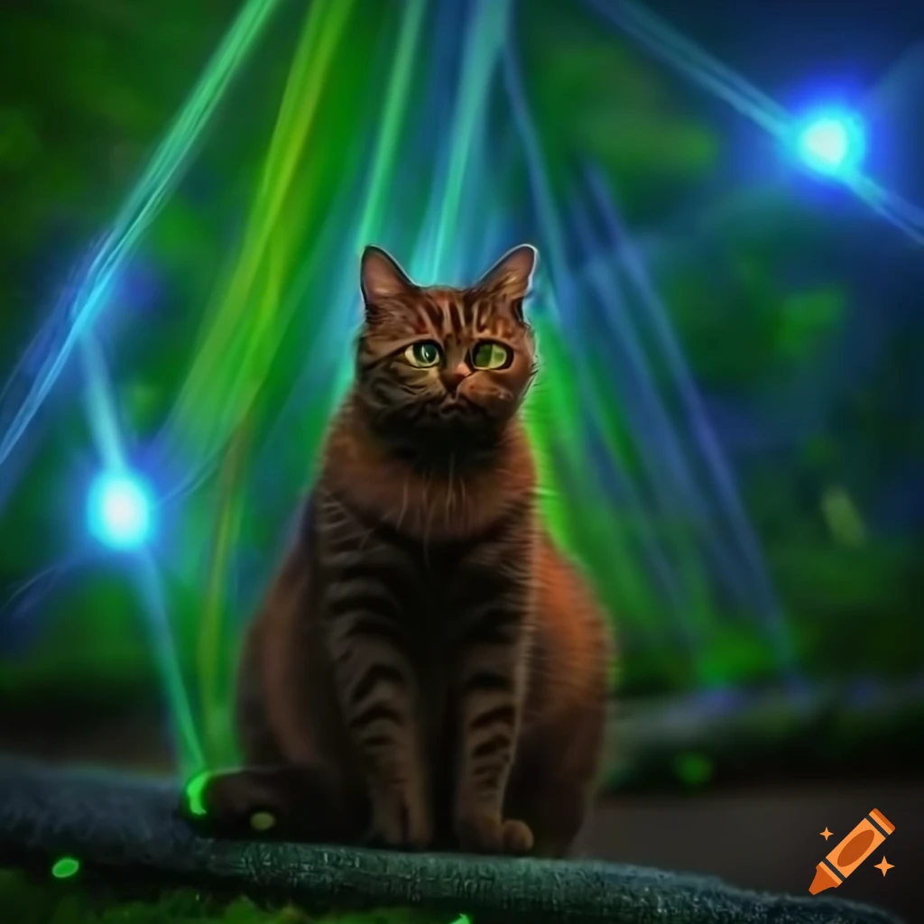 Cat on lush green field with glowing blue lights and laser focus on Craiyon
