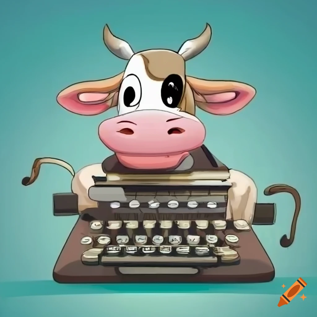 Cartoon cow typing on a typewriter on Craiyon