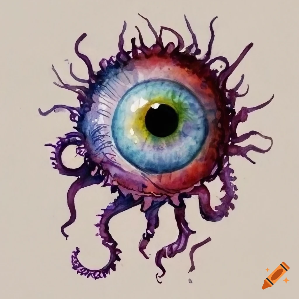 Horror eyeball with tentacle body in watercolor and india ink art on ...