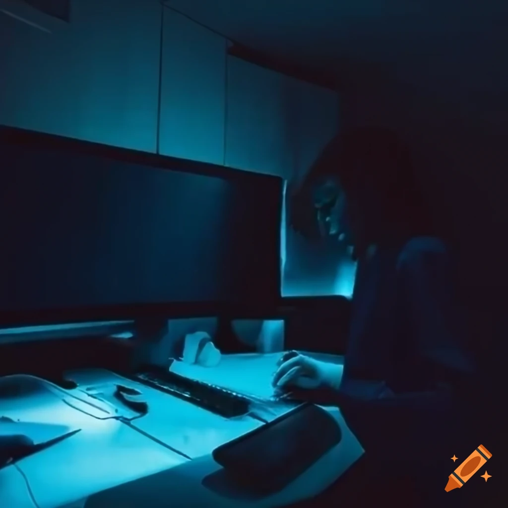 Mysterious atmosphere in a dimly lit school computer lab on Craiyon