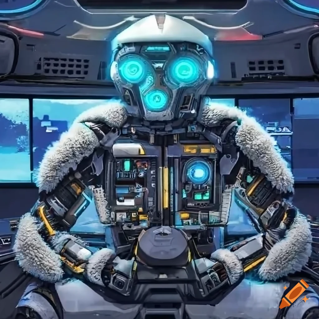 Futuristic sci-fi robot in a fluffy sherpa-lined bomber jacket seated ...