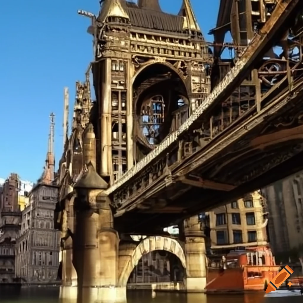 Steampunk city with bridges, trains, and boats under a sunny sky on Craiyon