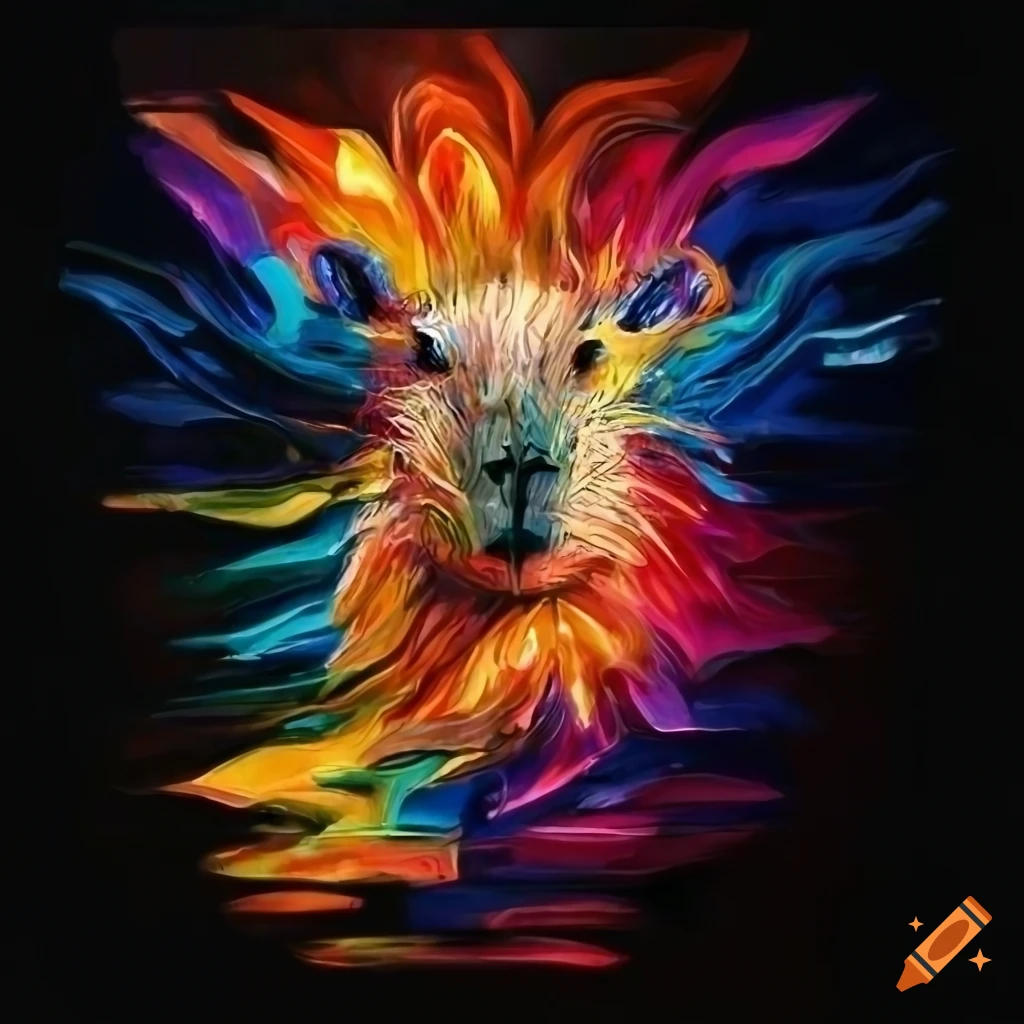 Abstract knife painting of geometric capybara face with fire and water ...