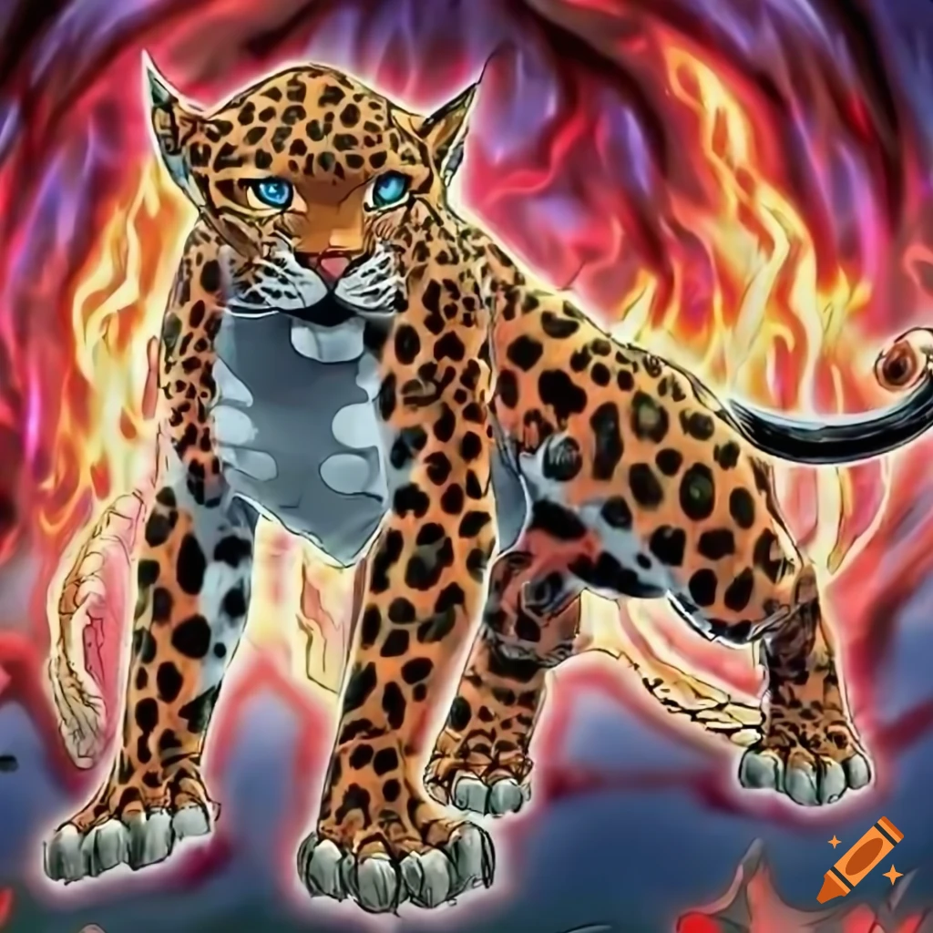 Flame leopard in yu-gi-oh card artwork style on Craiyon