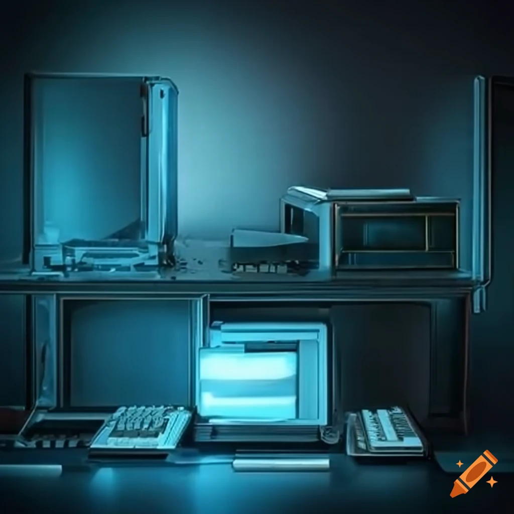 Contrast between old clunky computers and sleek AI models on Craiyon