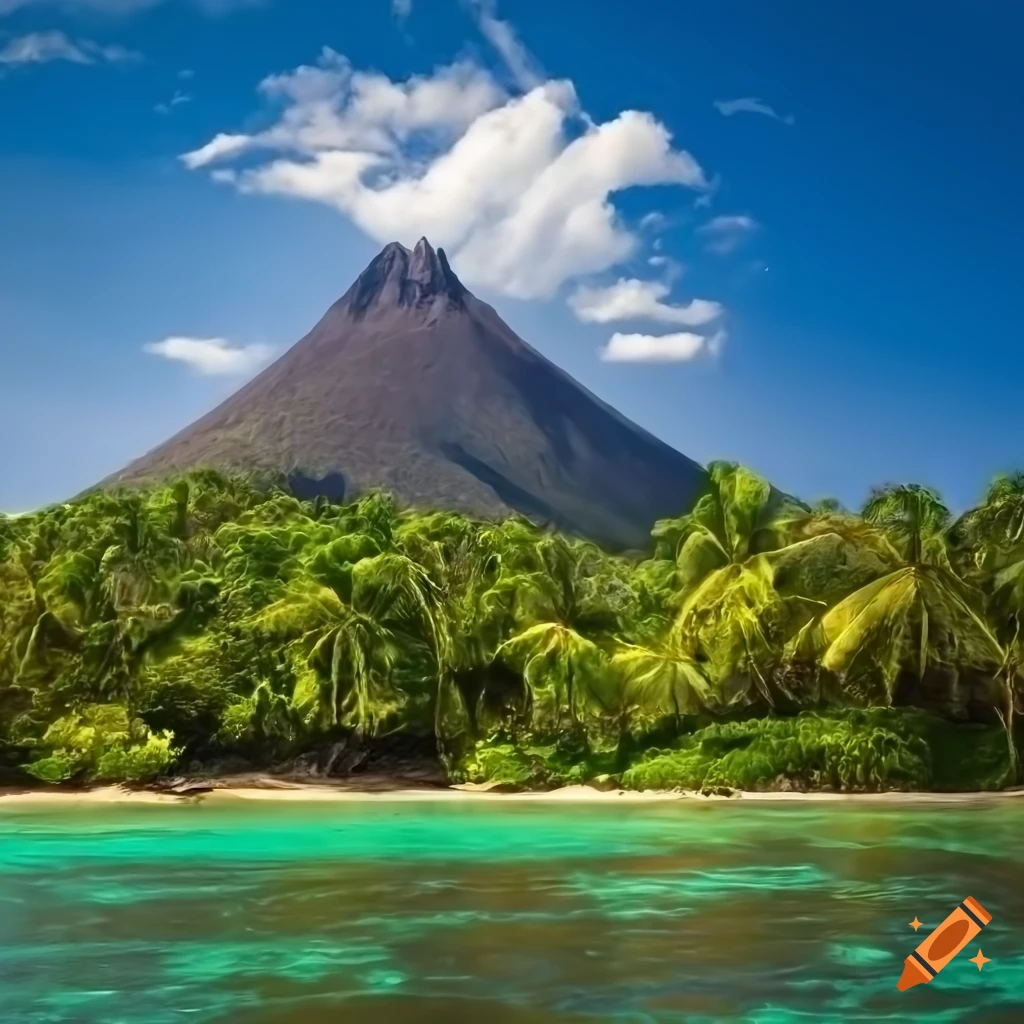 Tropical island with volcanic mountain in high resolution on Craiyon