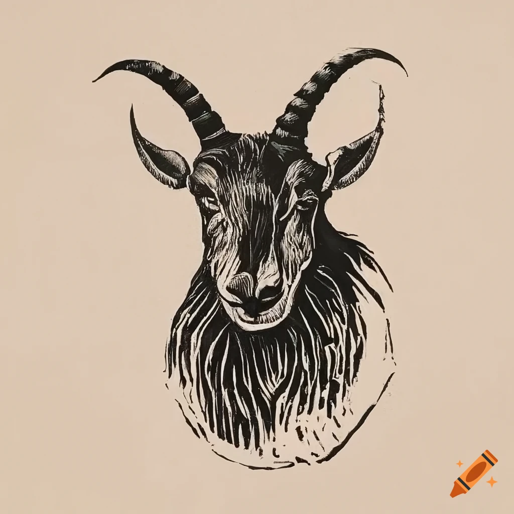 Stoic mountain goat in a linocut style on Craiyon