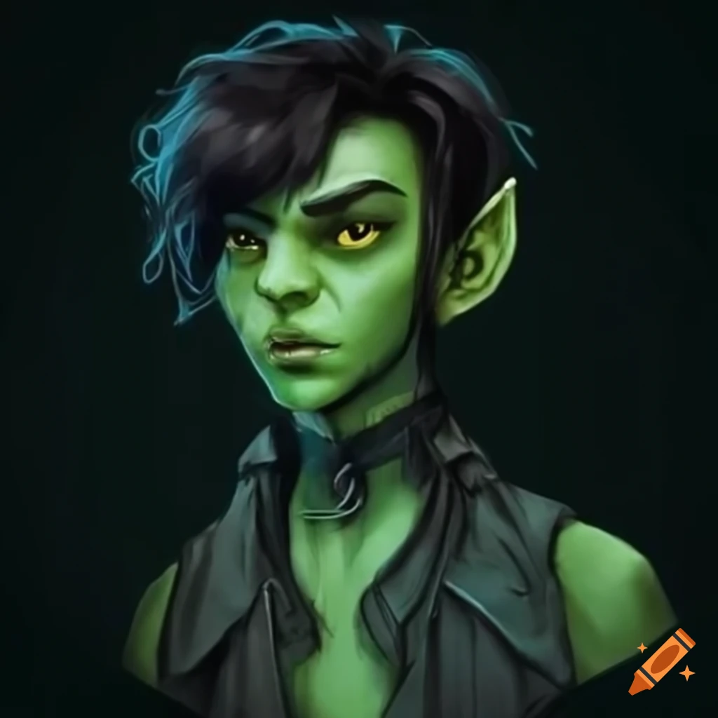 Green young handsome goblin Edjek with emo style hair and sleeveless ...