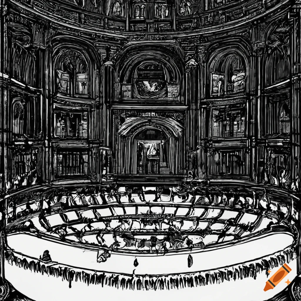 Black and white drawing of an amphitheater from above on Craiyon