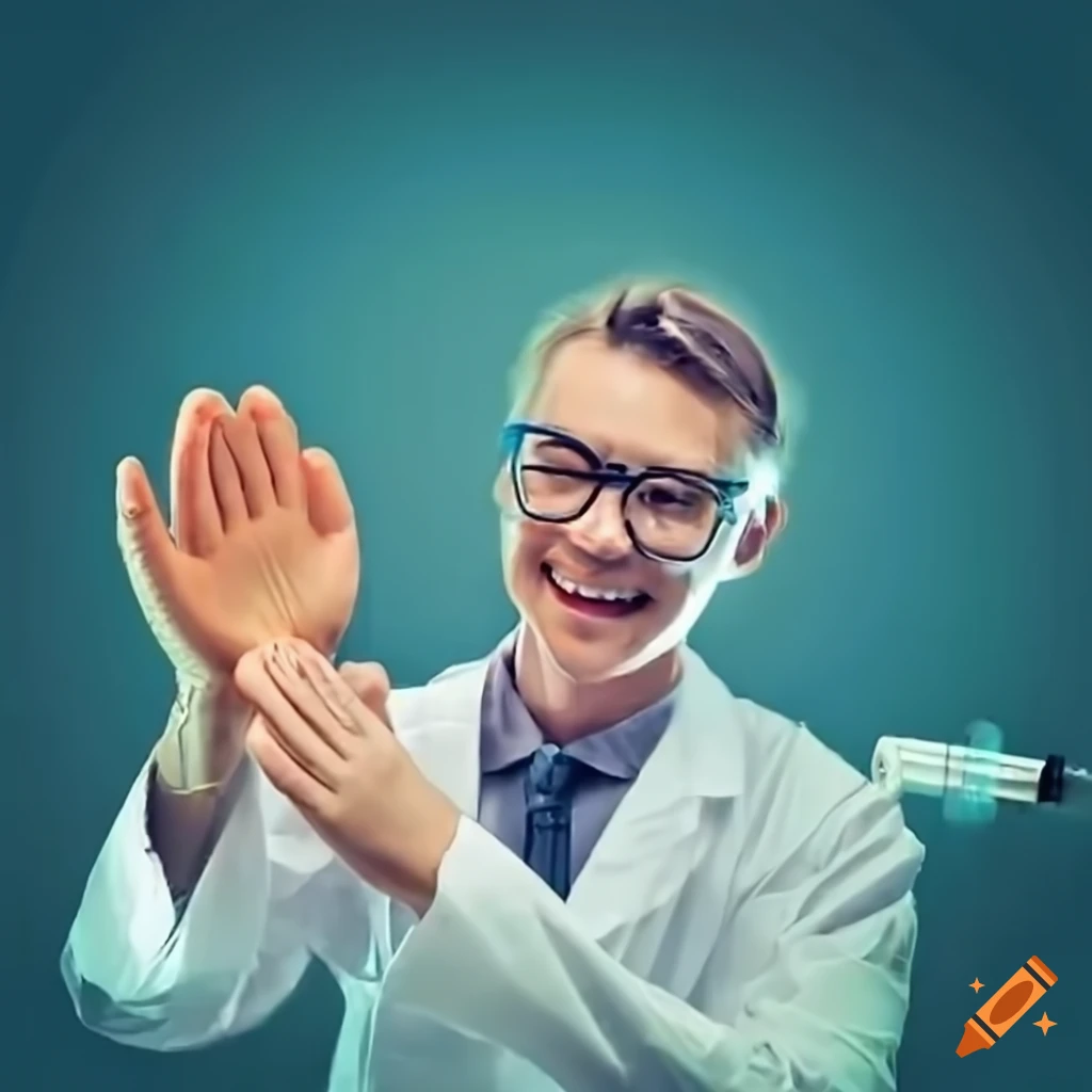 Happy scientist celebrating with raised arms and a syringe on Craiyon