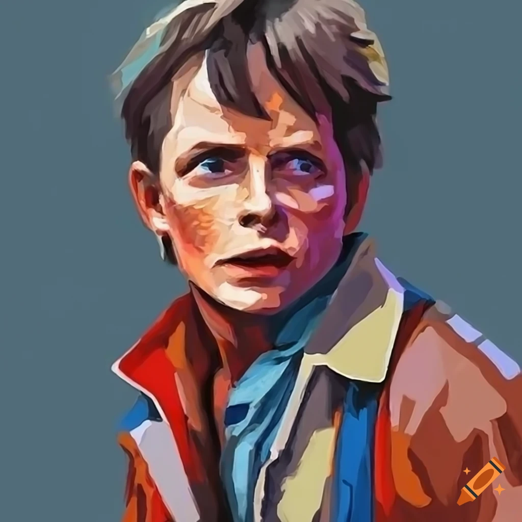 Actor Michael J Fox as Marty McFly in the style of Pierre Jubert on Craiyon