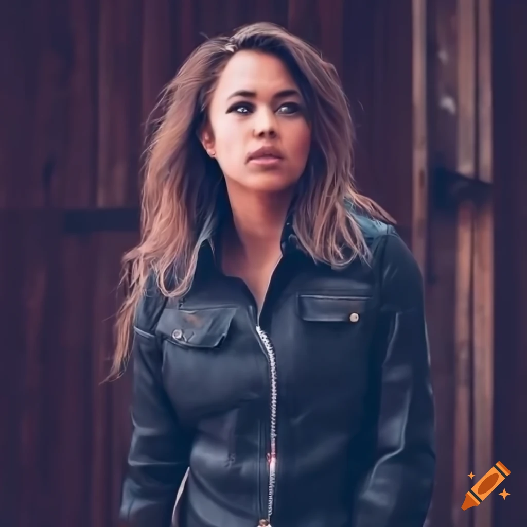 Singer Monica Irimia look-alike in country plaid shirt and leather ...